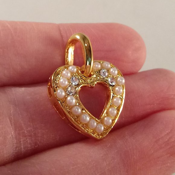 Jewelry | 18k Yellow Gold Plated Heart Pearl Crystal Hollow Heart Charm ...